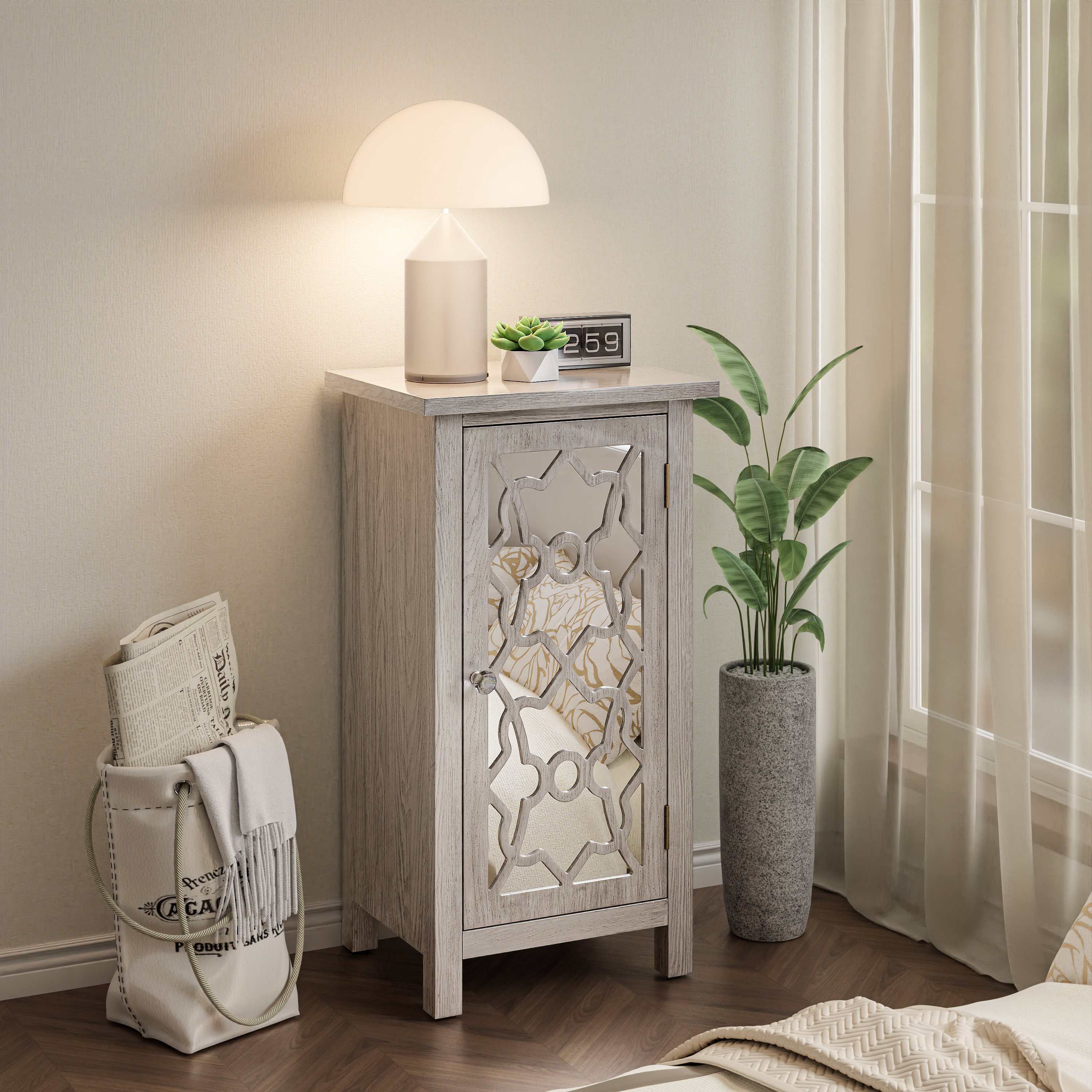 Red Barrel Studio SXOVE Modern Farmhouse Nightstand with Mirror Front 2 Shelves Retro Tall Cabinet End Table Light Gray Reviews Wayfair